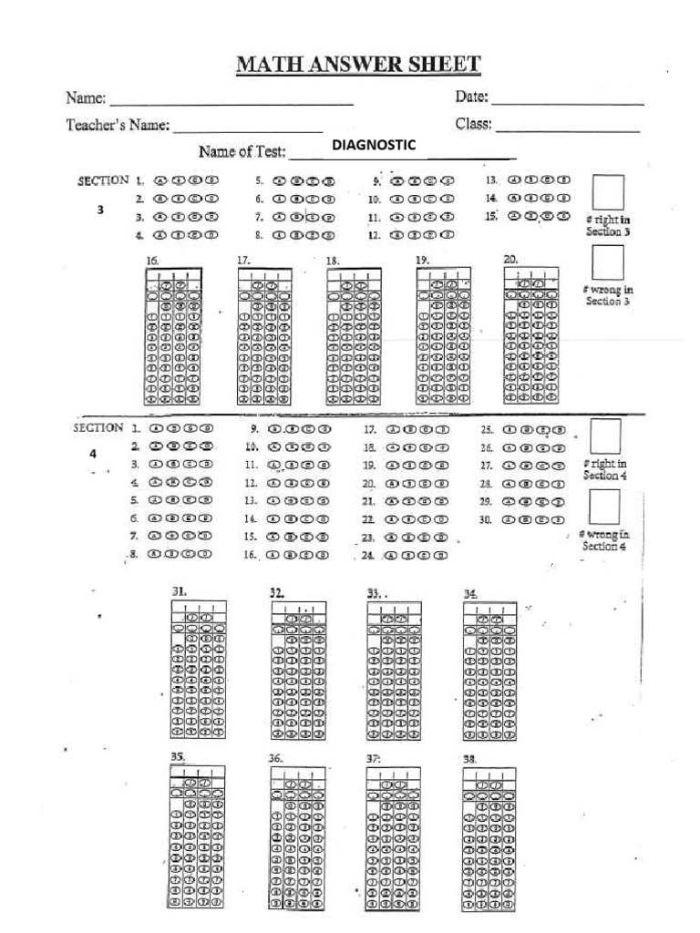 Math Answer Sheet - Diagnostic | PDF