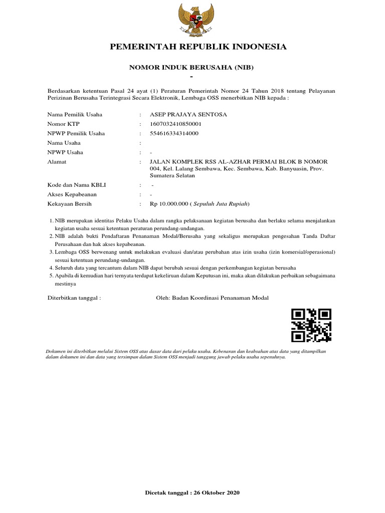 Pemerintah Republik Indonesia: Nomor Induk Berusaha (Nib) | PDF