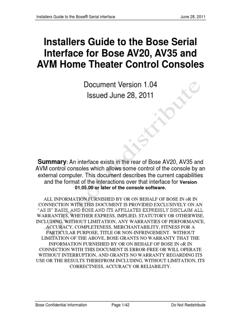 Installers Guide To The Bose Serial Interface For Bose AV20, AV35 and ...