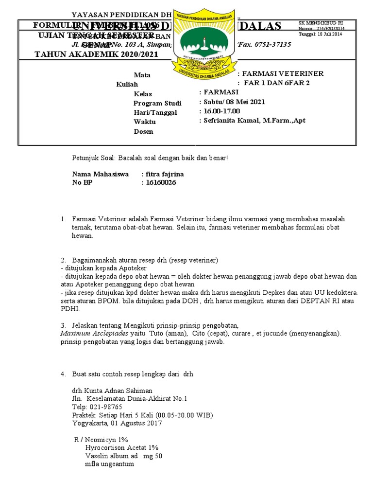 Ujian Tengah Semester Farmasi Veteriner | PDF | Pengembangan Diri ...
