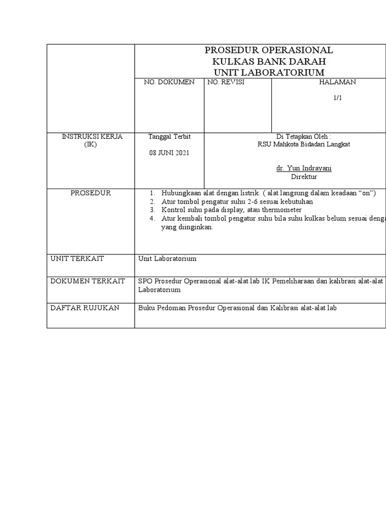 Prosedur Operasional Kulkas Bank Darah Unit Laboratorium: No. Dokumen ...