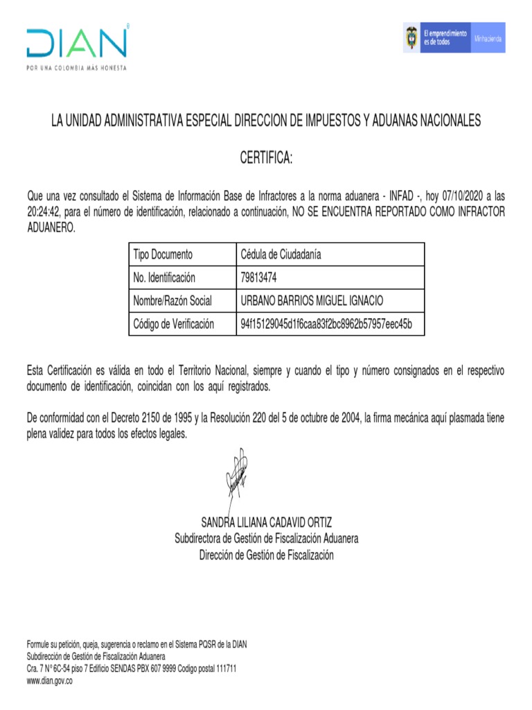 Certificación de No Infractor Aduanero | PDF | Finanzas y dinero ...
