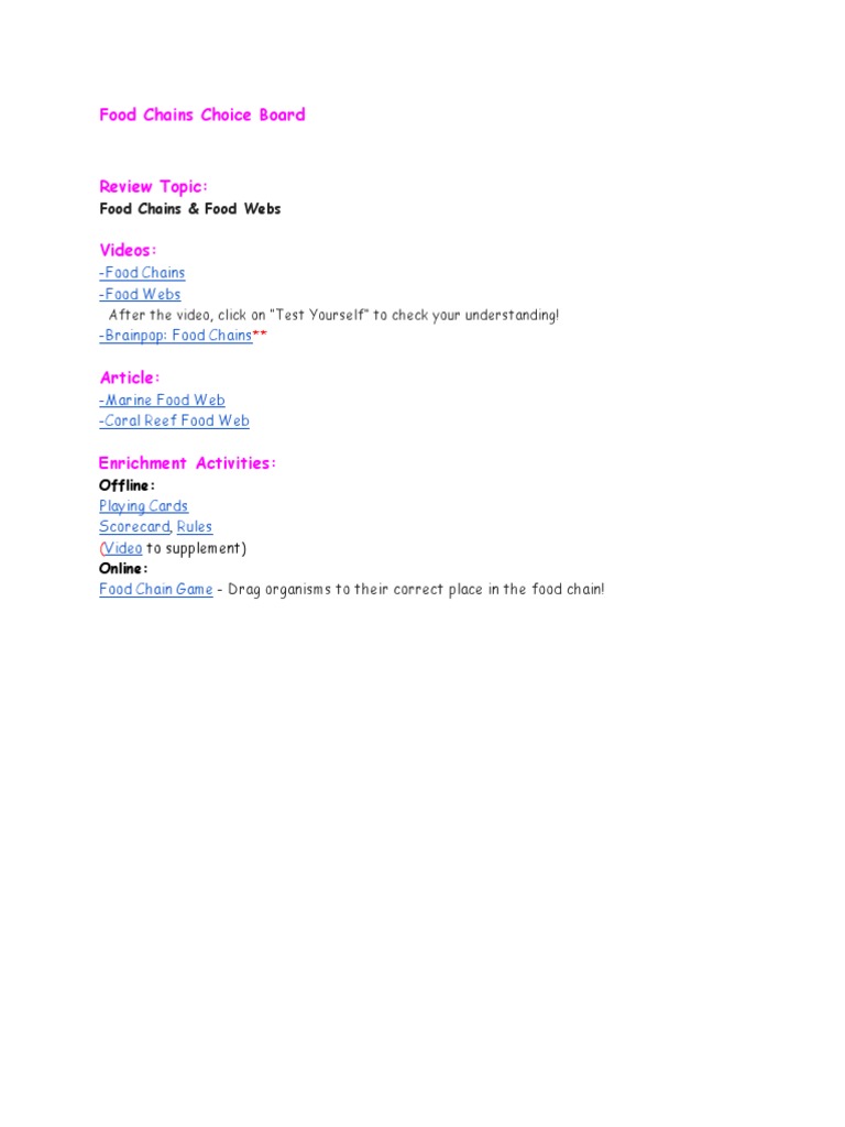 Food Chains Choice Board | PDF