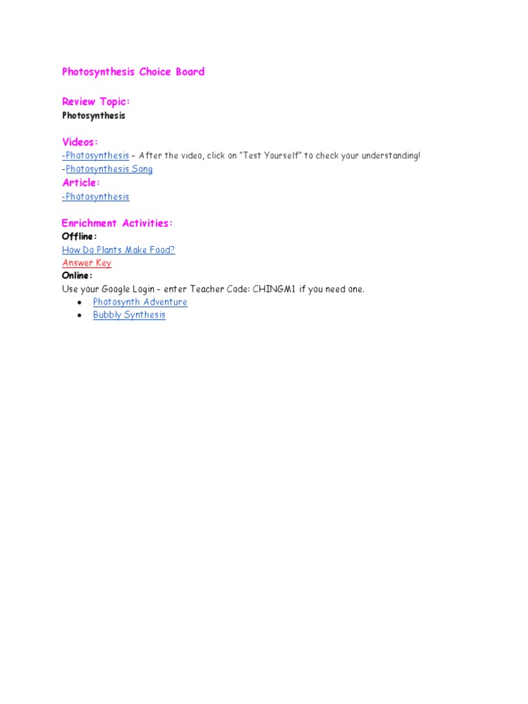 Photosynthesis Choice Board | PDF