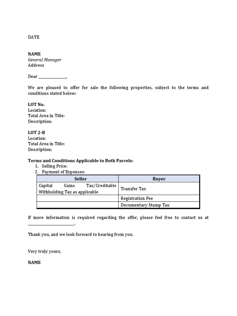 Letter Draft Offer To Sell | PDF