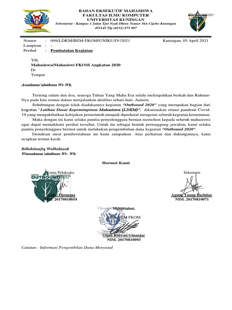 009 Surat Pemberitahuan Pembatalan Kegiatan Outbound | PDF