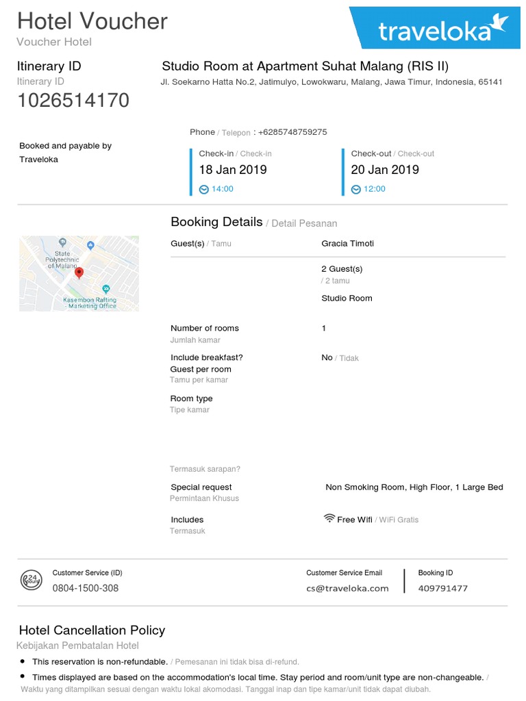 Itinerary ID Studio Room at Apartment Suhat Malang (RIS II) : 20 Jan ...