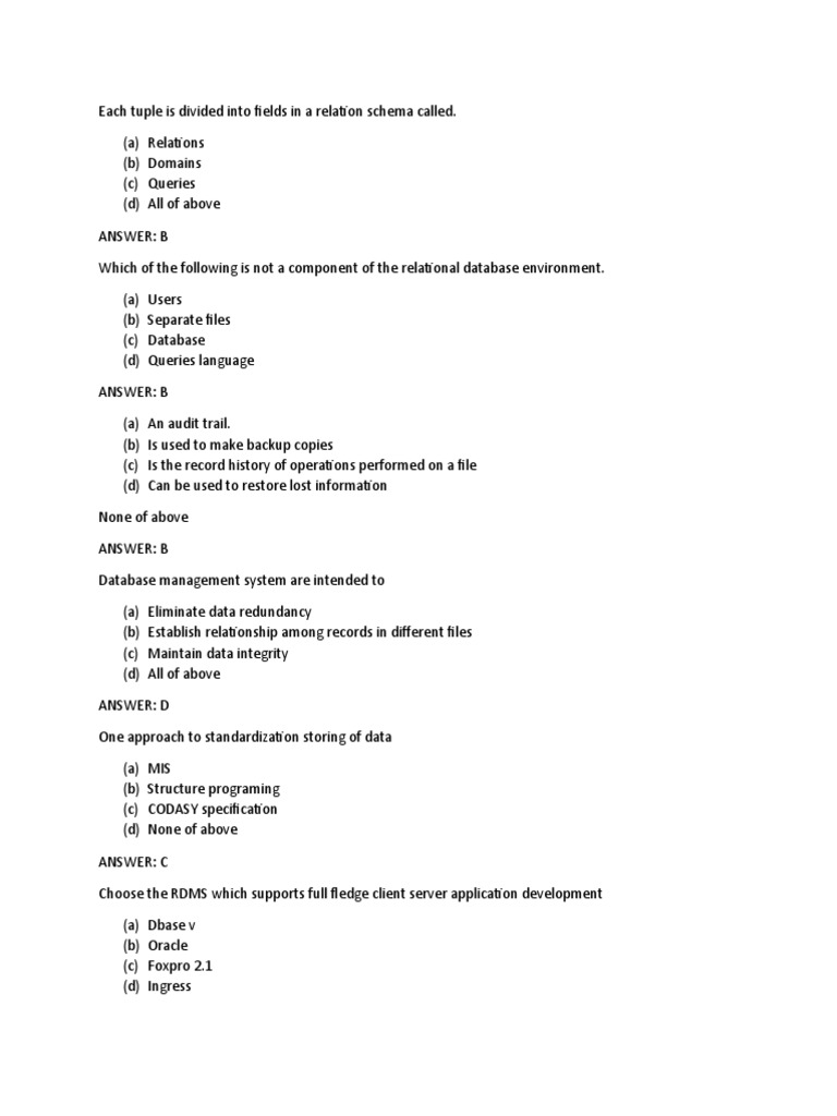 300 Database MCQs | PDF | Relational Database | Relational Model