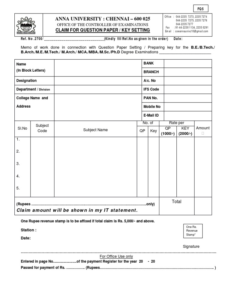Claim Form for Exam Paper Setting | PDF | Business