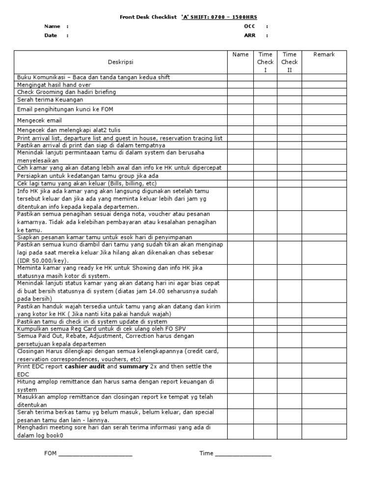 Checklist Front Desk Shift A | PDF