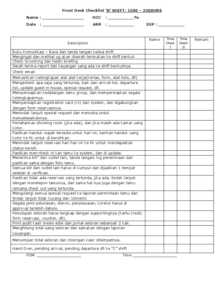FRONT DESK CHECKLIST | PDF