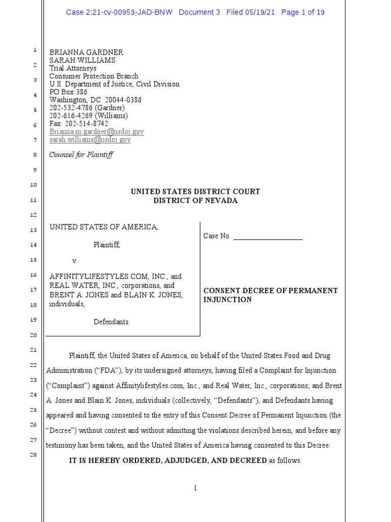 US vs. Real Water: Consent Decree | PDF | Food And Drug Administration ...