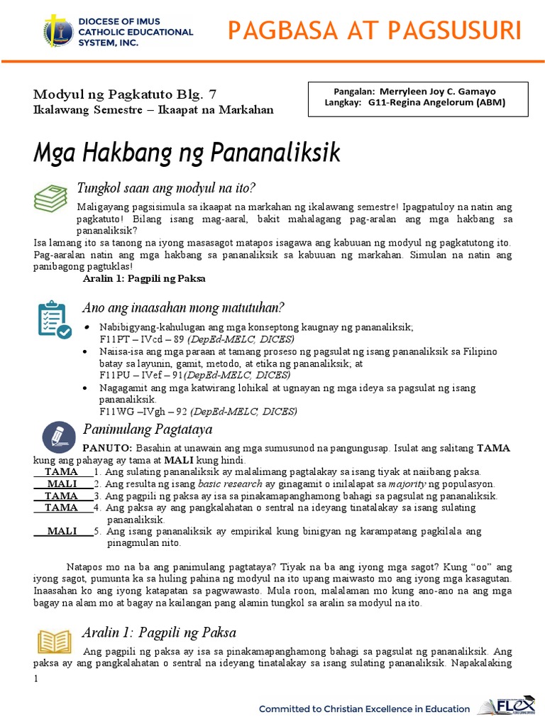 Filipino 11 Pagbasa at Pagsusuri Modyul 7 Q4 | PDF
