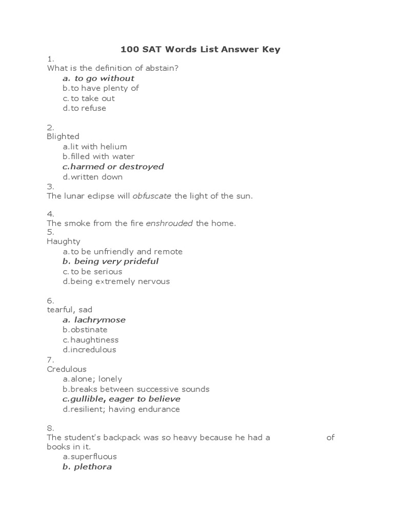 100 SAT Words List Answer Key | PDF