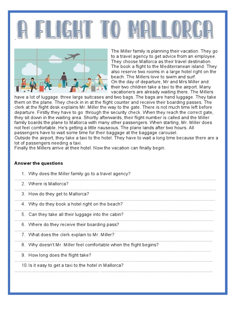 Easy Readings A Flight To Mallorca Oneonone Activities Reading ...