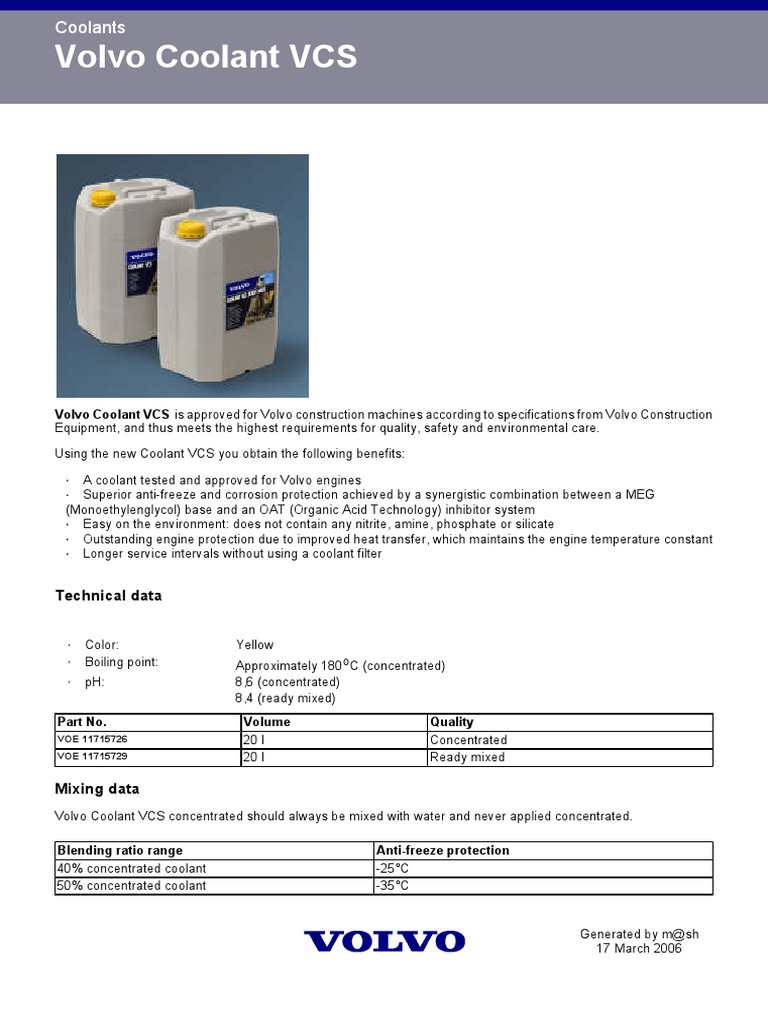 Volvo Coolant VCS: Technical Data | PDF | Thermodynamics | Materials