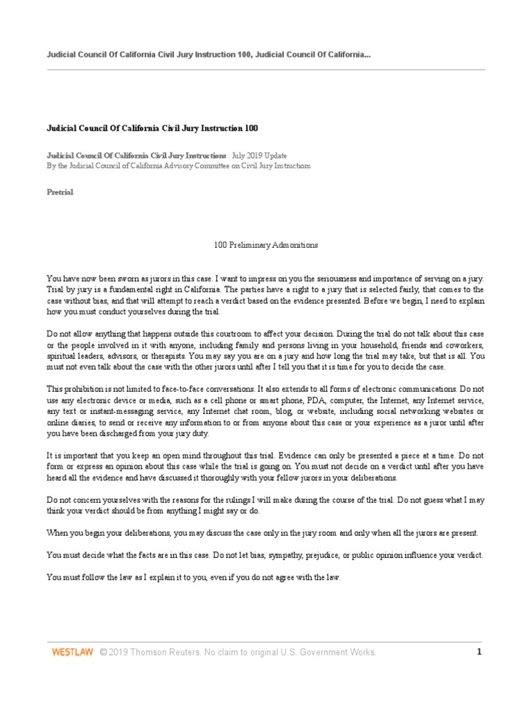 Judicial Council of California Civil Jury Instruction 100 | PDF | Jury ...