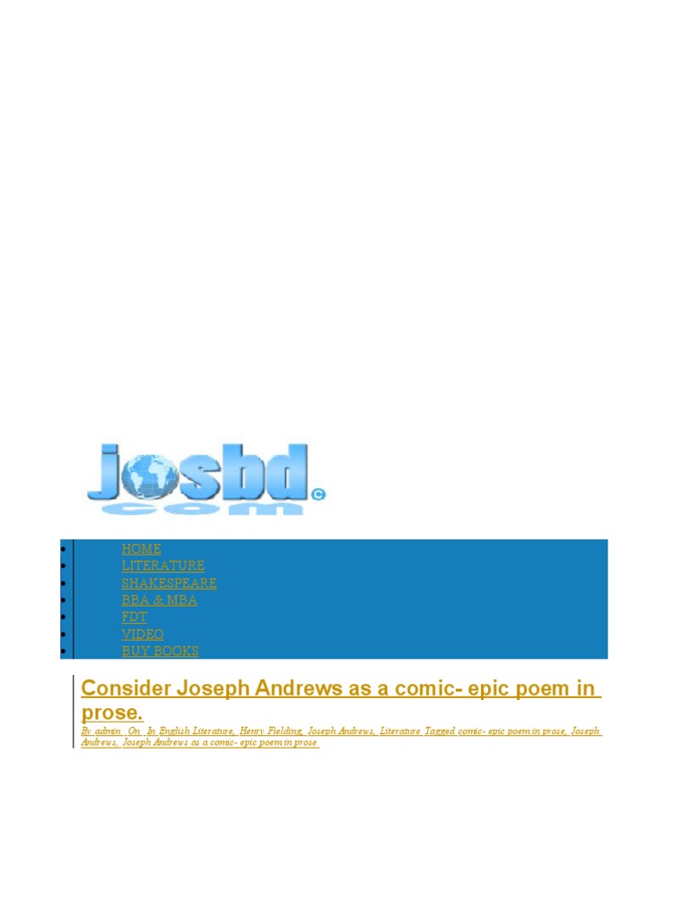Consider Joseph Andrews As A Comic-Epic Poem in Prose.: Home Literature ...