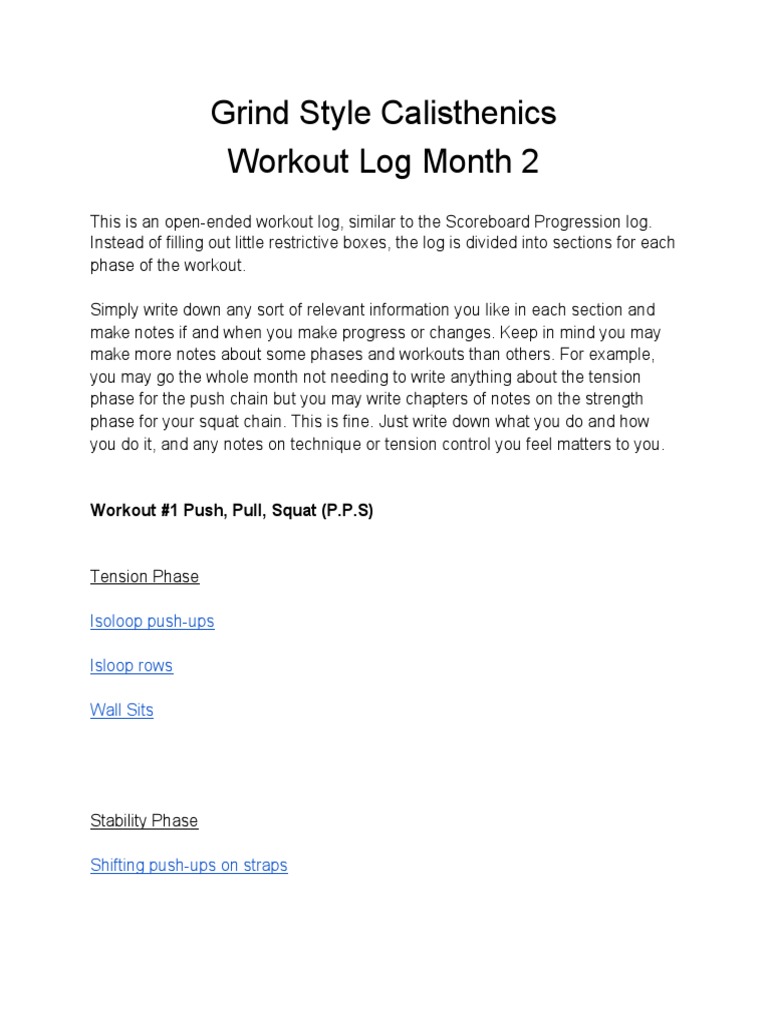Grind Style Calisthenics Workout Log Month 2: Workout #1 Push, Pull ...