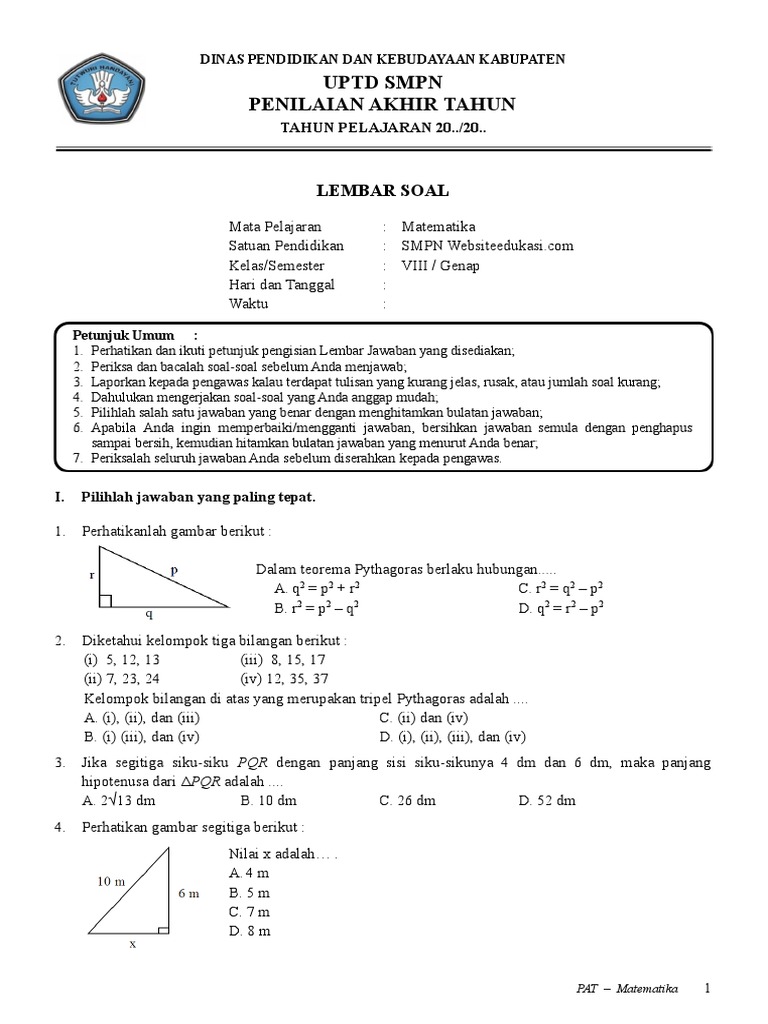 Soal PAT MTK Kelas 8 K13 | PDF
