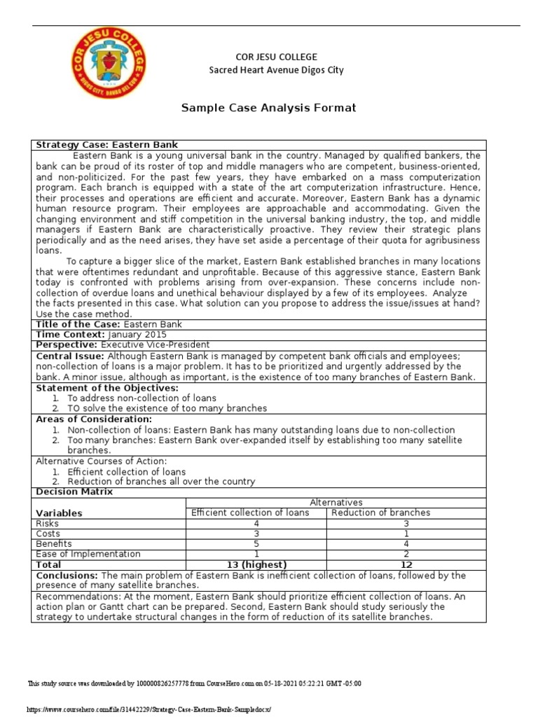 Sample Case Analysis Format: Cor Jesu College Sacred Heart Avenue Digos ...