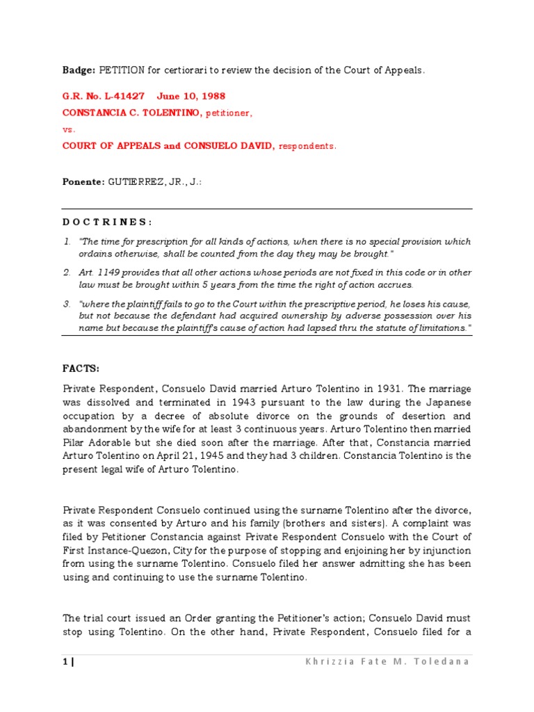 Tolentino vs. CA (Case Digest) - Toledana, Khrizzia Fate M. | Download ...