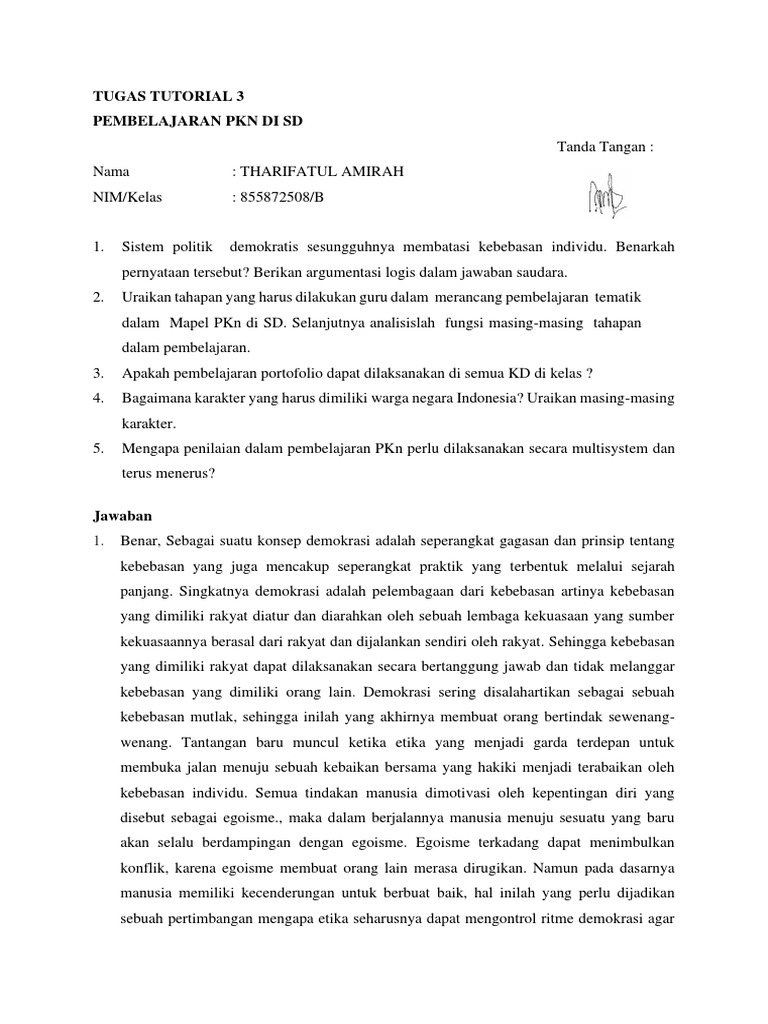 TT 3 Pembelajaran PKN Di SD - Tharifatul Amirah855872508 - Kelas B | PDF