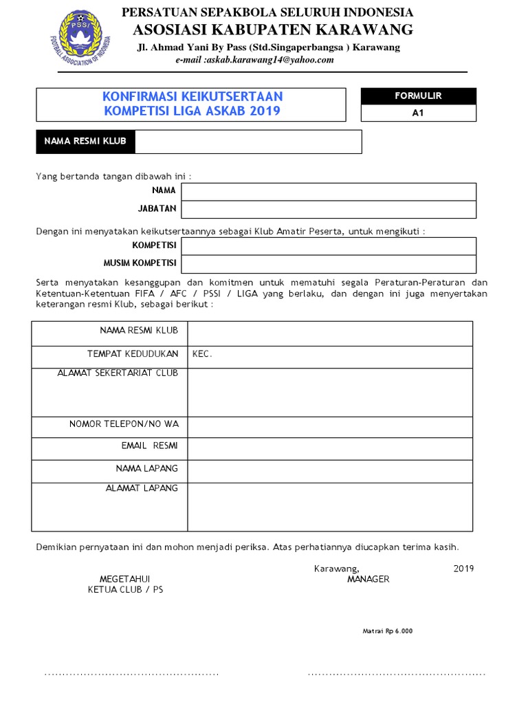 Formulir Liga ASKAB Karawang 2019 | PDF