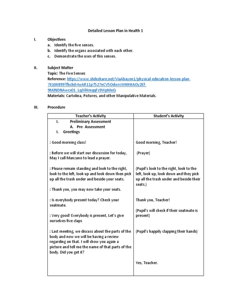 Detailed Lesson Plan in Health 1 | PDF | Senses | Neuropsychological ...