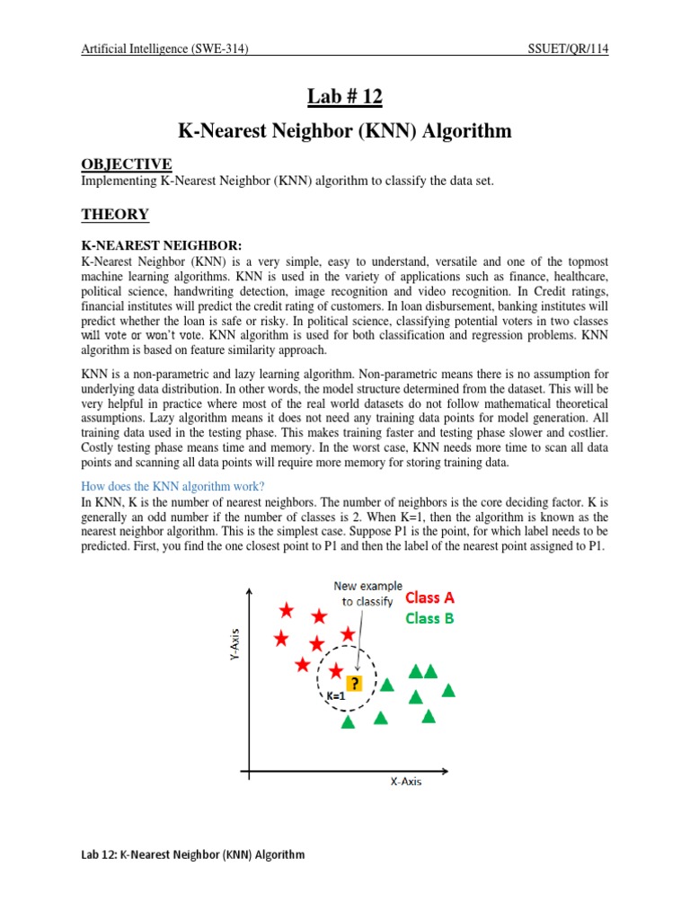 Lab # 12 K-Nearest Neighbor (KNN) Algorithm: Objective | PDF | Applied Mathematics | Algorithms ...