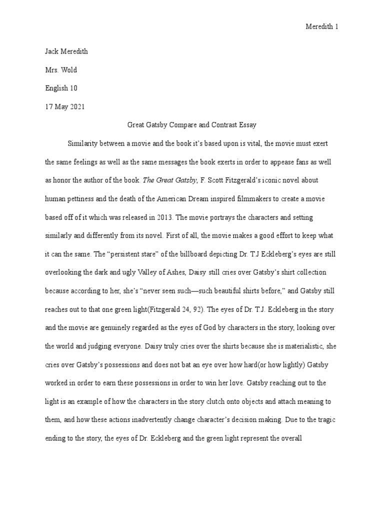 Gatsby Compare and Contrast Essay | PDF | The Great Gatsby | F. Scott ...
