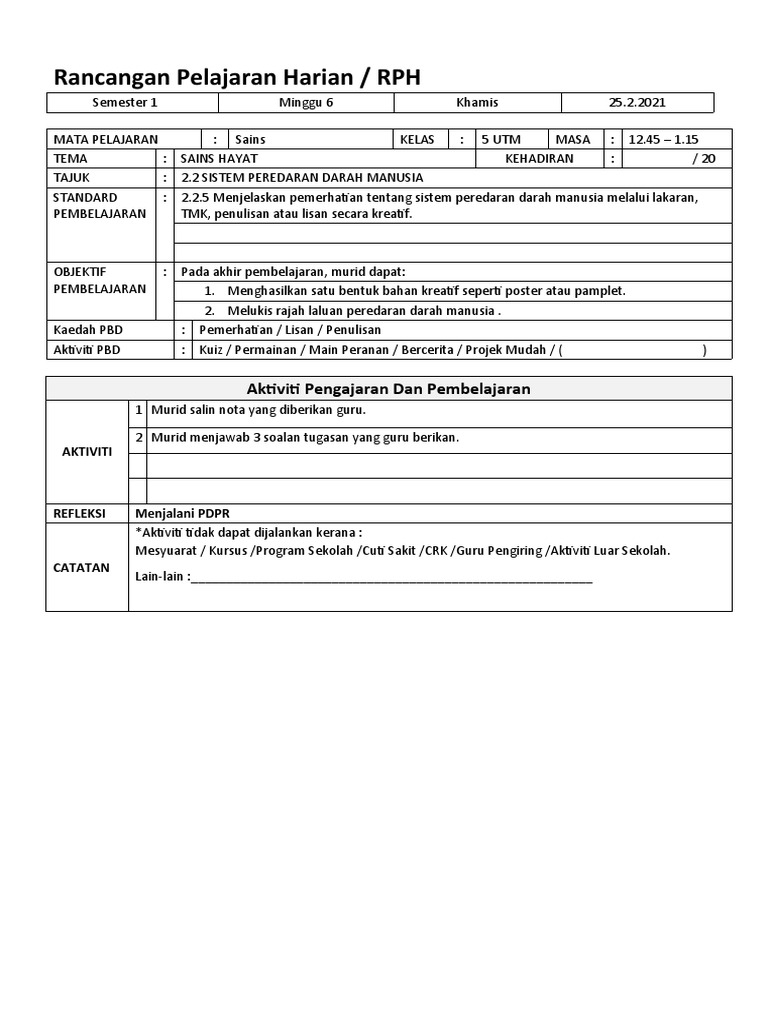 RPH PDPR 2021 Sains Tahun 5 Utm Minggu 6 | PDF