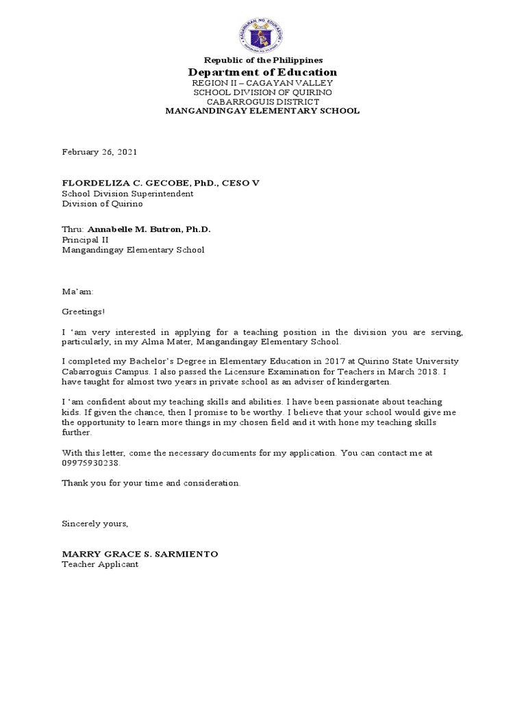 Teaching Application Letter for Mangandingay Elementary School | PDF