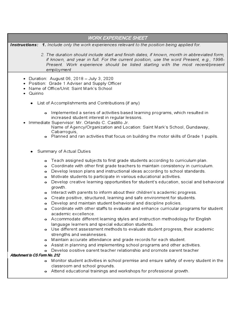 Work Experience Sheet: Instructions: 1. Include Only The Work ...