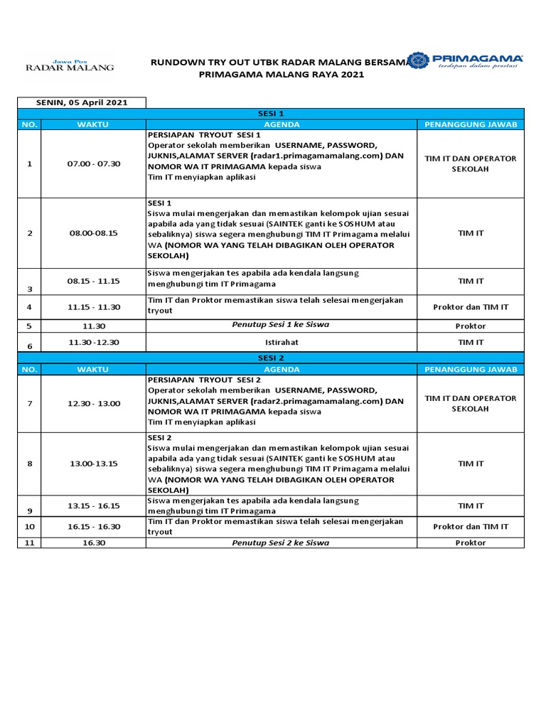 Rundown Try Out UTBK Primagama 2021 | PDF