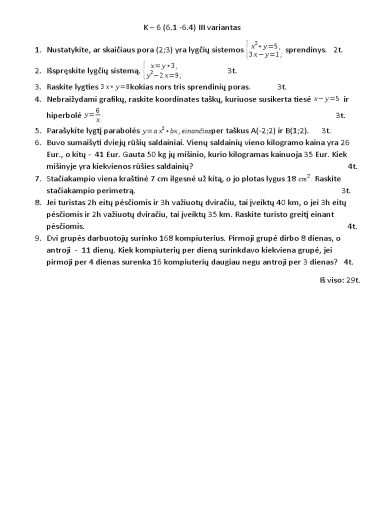 K - 6 (6.1-6.4) III Var. Matematikos Kontrolinis Darbas 11. KL | PDF