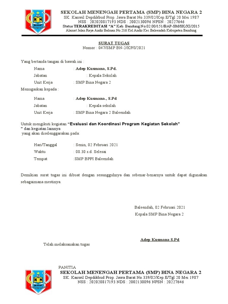 Surat Tugas Kepala Sekolah | PDF