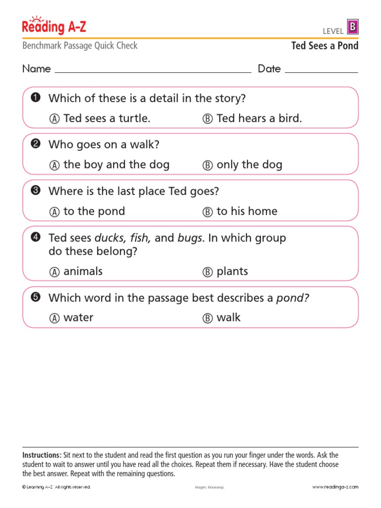 5-B-Ted Sees A Pond LVL B Quiz | PDF | Learning