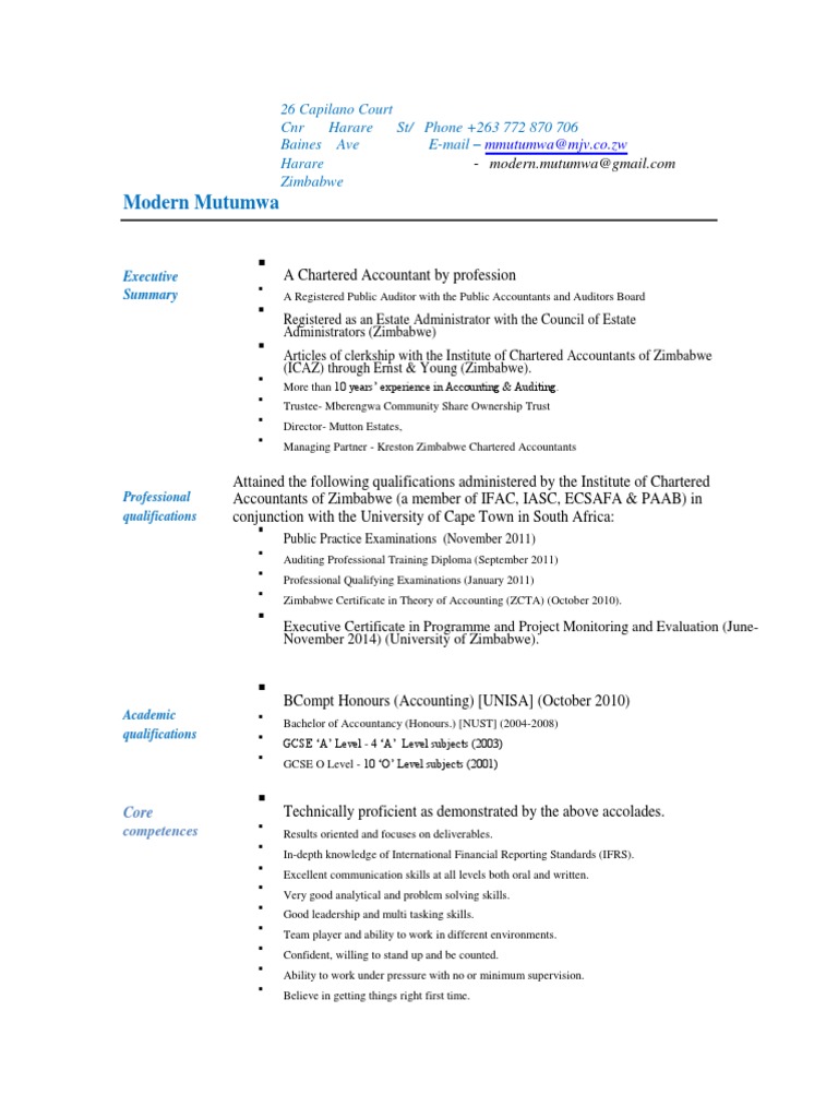Curriculum Vitae For Modern Mutumwa | PDF | Audit | Accounting