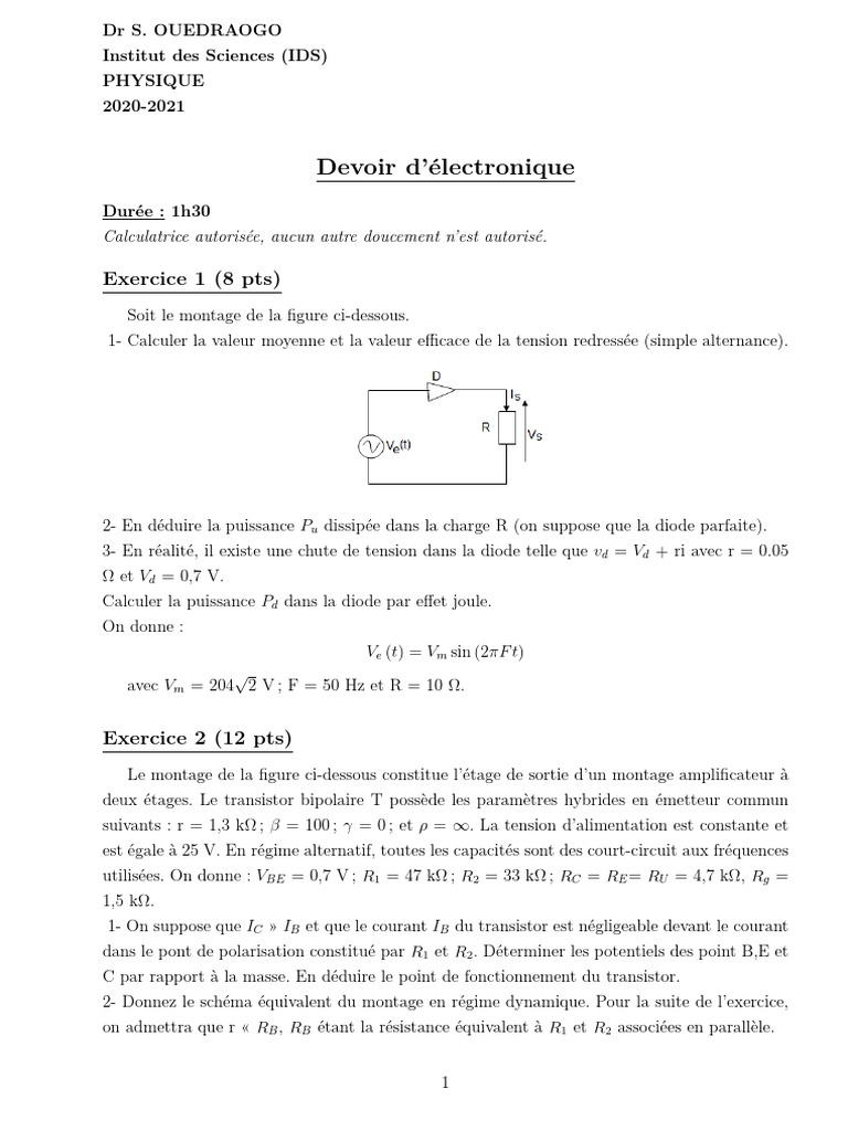 Devoir Electronique 20 21 IDS | PDF