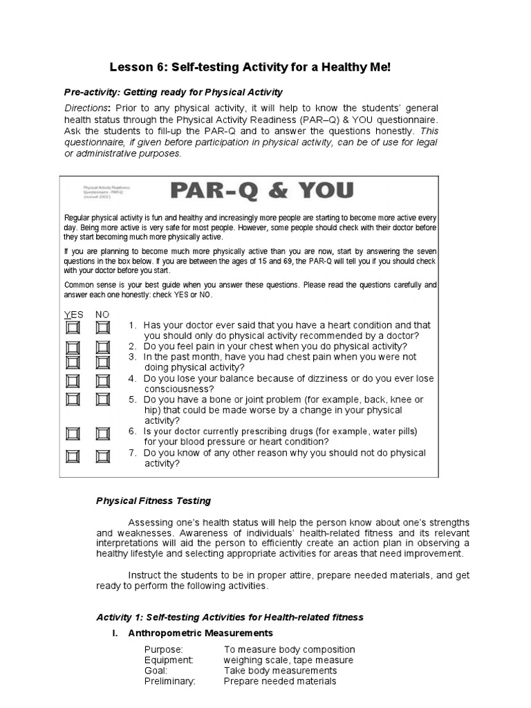 Self-Testing Activity For A Healthy Me | PDF | Body Mass Index ...