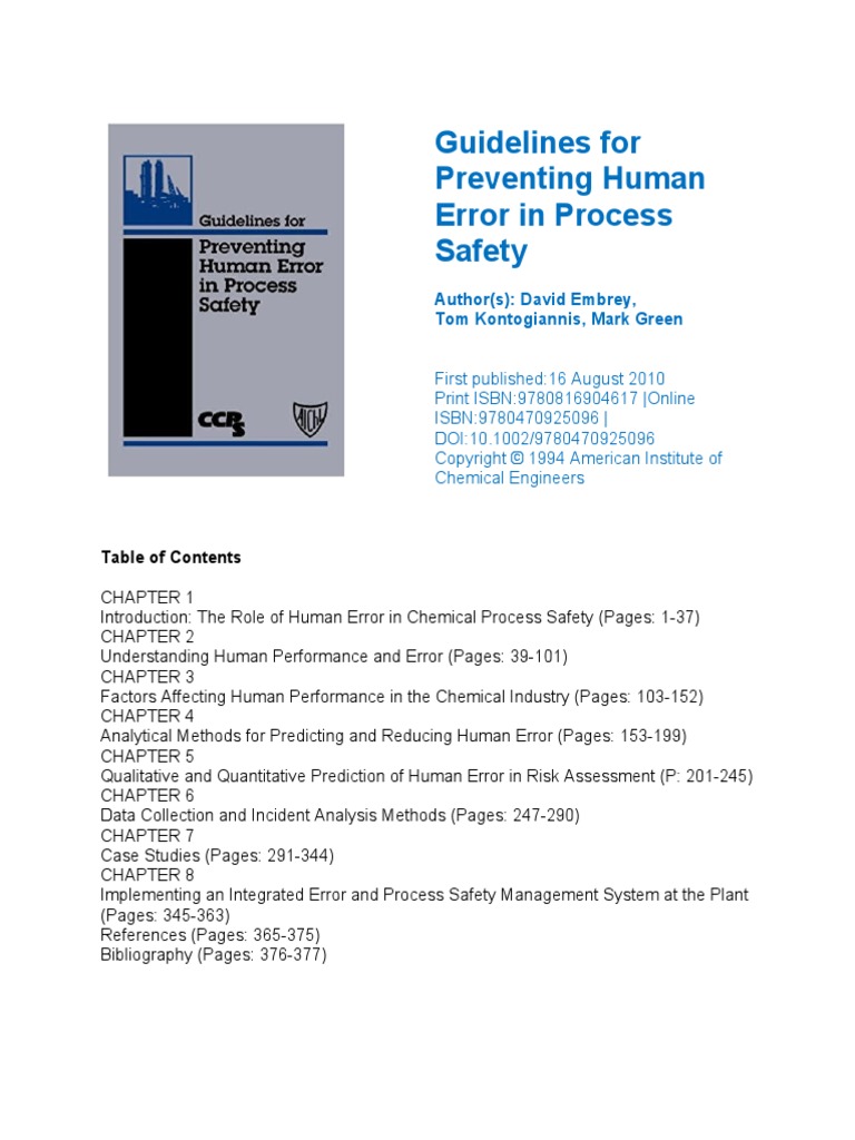 Guidelines For Preventing Human Error in Process Safety: Author(s ...