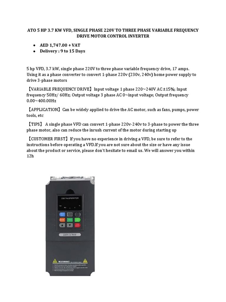 Ato 5 HP 3.7 KW VFD, Single Phase 220V To Three Phase Variable Frequency Drive Motor Control ...