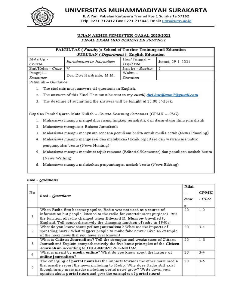 Final Exam for Introduction to Journalism Course Analyzes Changing Role ...