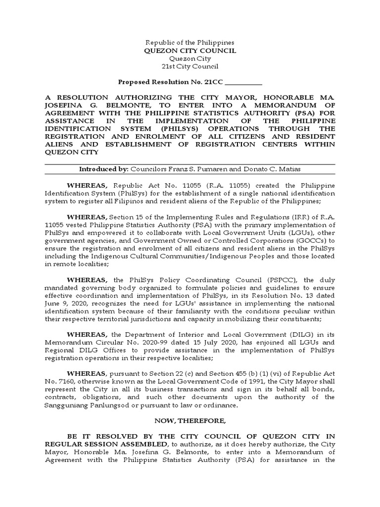 Proposed Resolution - MOA With PSA Edited 5.21.21 - 1621556536 | PDF ...