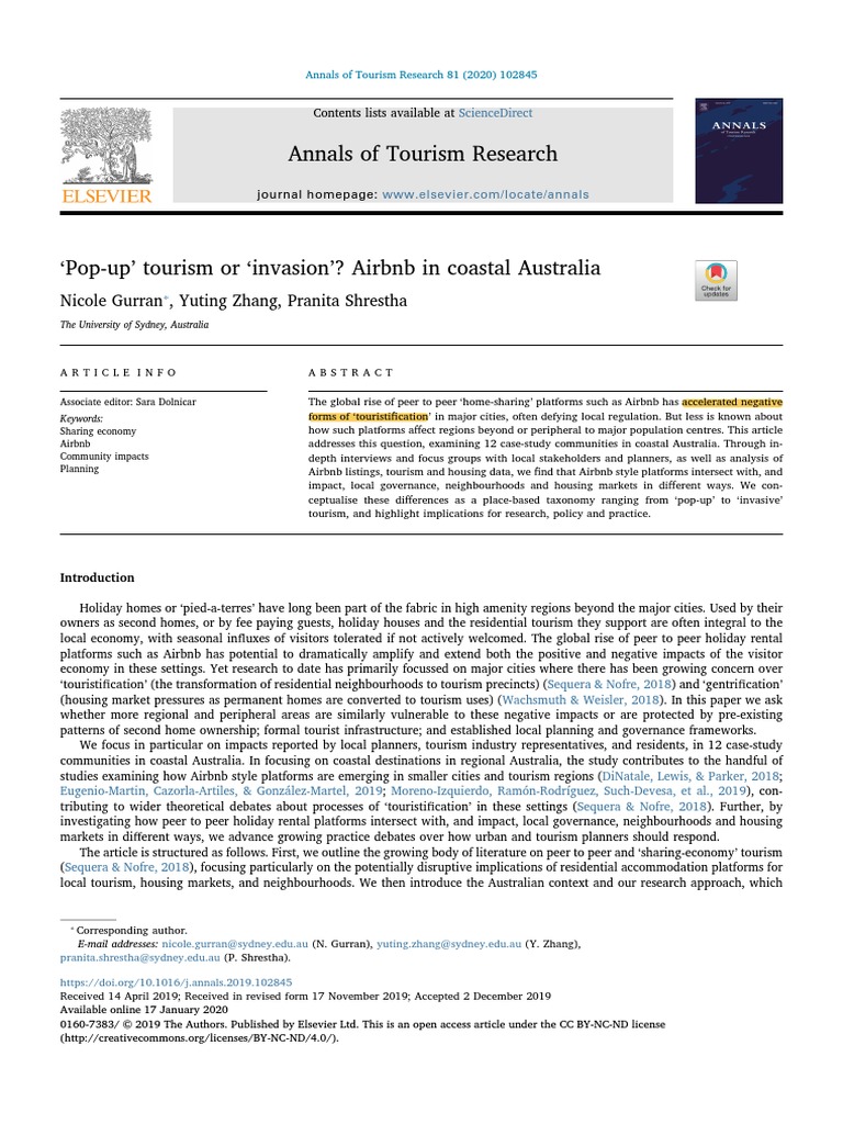 Annals of Tourism Research: Nicole Gurran, Yuting Zhang, Pranita ...