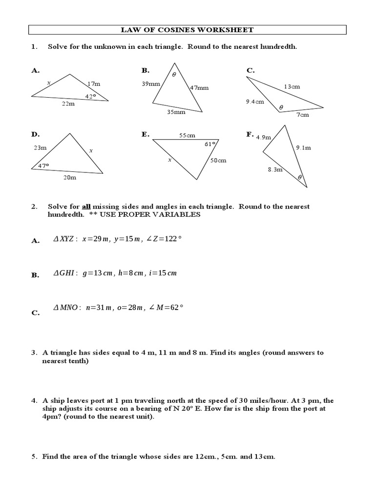 Law of Cosines Practice Worksheet | PDF | Triangle | Rotation