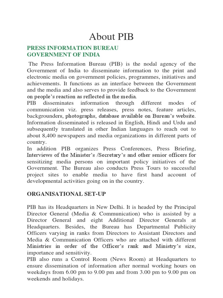About PIB: Press Information Bureau Government of India | PDF | Mass ...