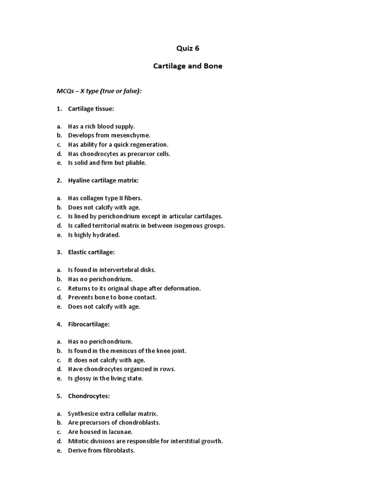 Quiz 6 - Cartilage and Bone | PDF | Cartilage | Bone