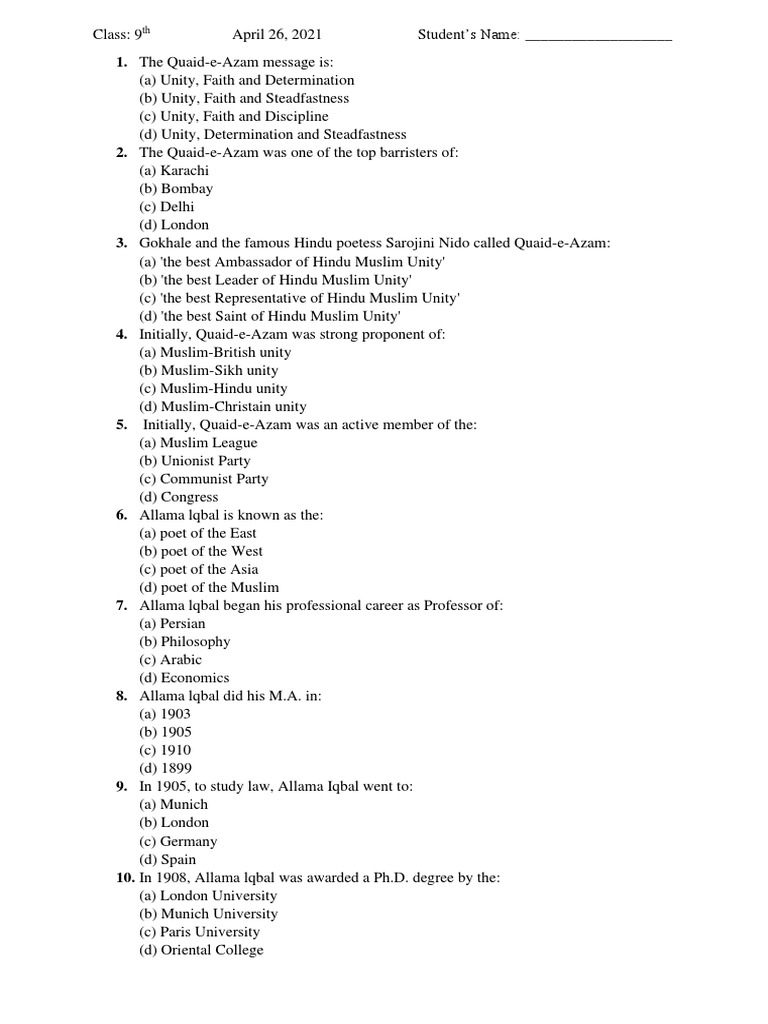 Class 9th Mcqs | PDF | Muhammad Ali Jinnah | Pakistan Movement